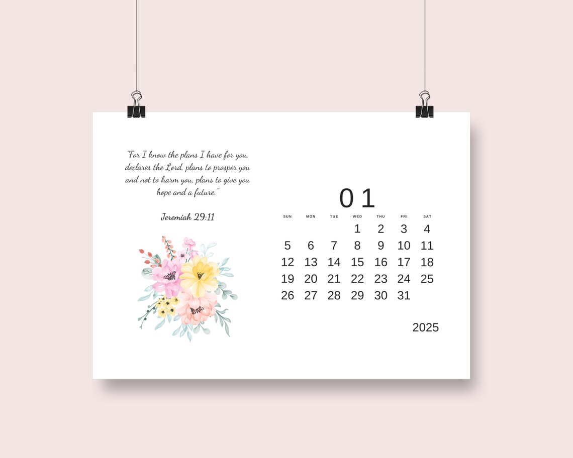 2025 Printable Monthly Calendar With Bible Verse and Watercolor Flower ...