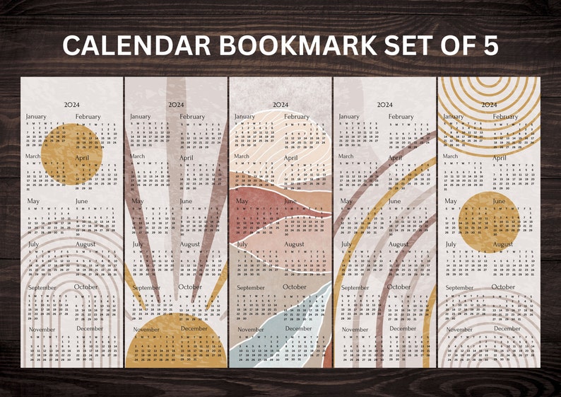 2024 Calendar Bookmark Set of 5 Boho Theme, Digital Download, Printable ...