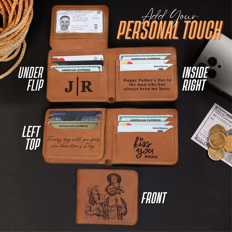 Personalized Mens Leather Wallet With Id Card Holder: Gift for Husband ...