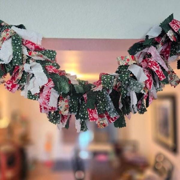 Holiday Red Green Rag Garland, Mantel Decoration, Christmas Rag Garland ...