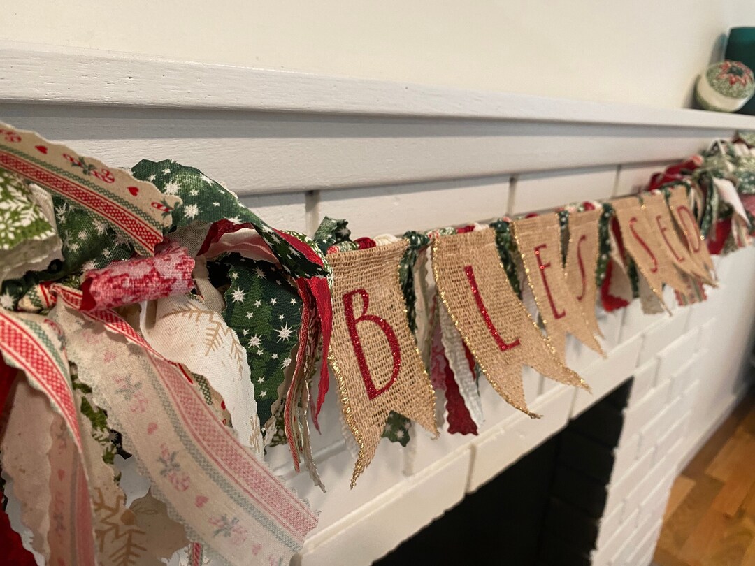 Holiday BLESSED Rag Garland, Mantel Decoration, Christmas Rag Garland ...
