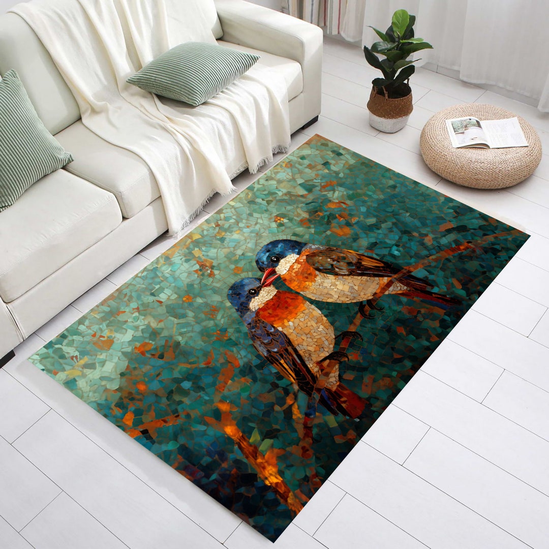 Tile Mosaic Rug,art Rugs,birds Pattern Rug,forest Themed Rug,sparrow ...
