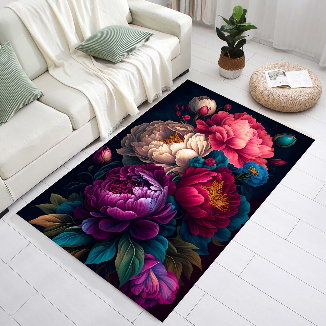 Peony Pattern Rug, Rose Pattern Rug, Flowery Rug, Colorful Rug, Cute ...
