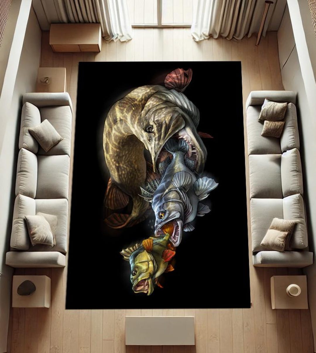 Fish Rug, Big Fish Eat Small Fish, Fishs Rug, Ocean Rug, Wohnzimmer ...