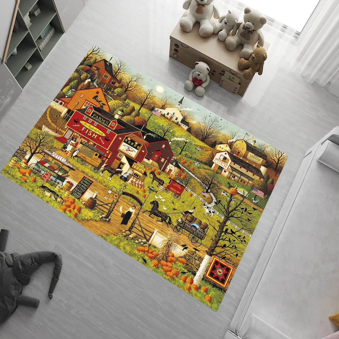 Village, Farm Rug, Animal Rug, Horse Rug, Hause, Nursey Rug, Kids Play ...