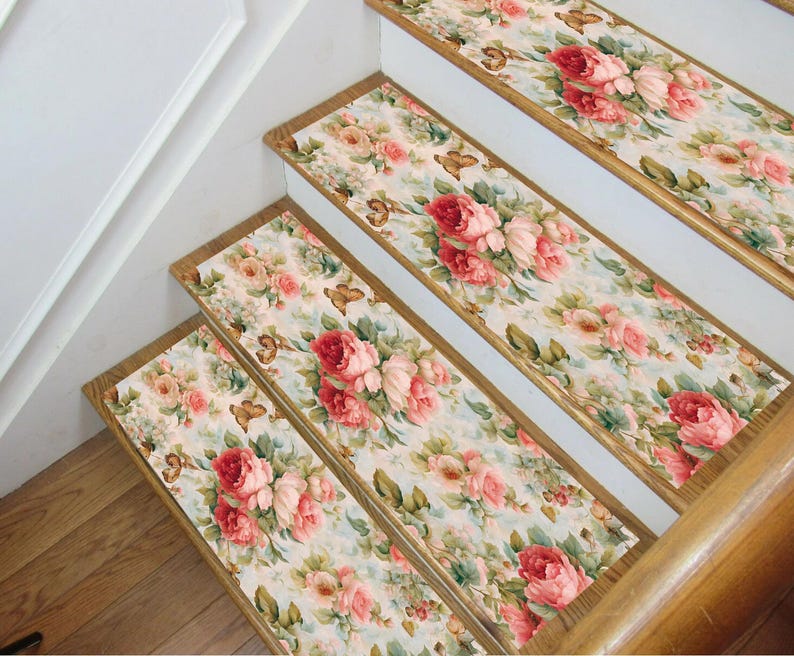 Floral Stair Tread Mat: Rose Pink, Non-slip Polyester, Custom Size - Etsy