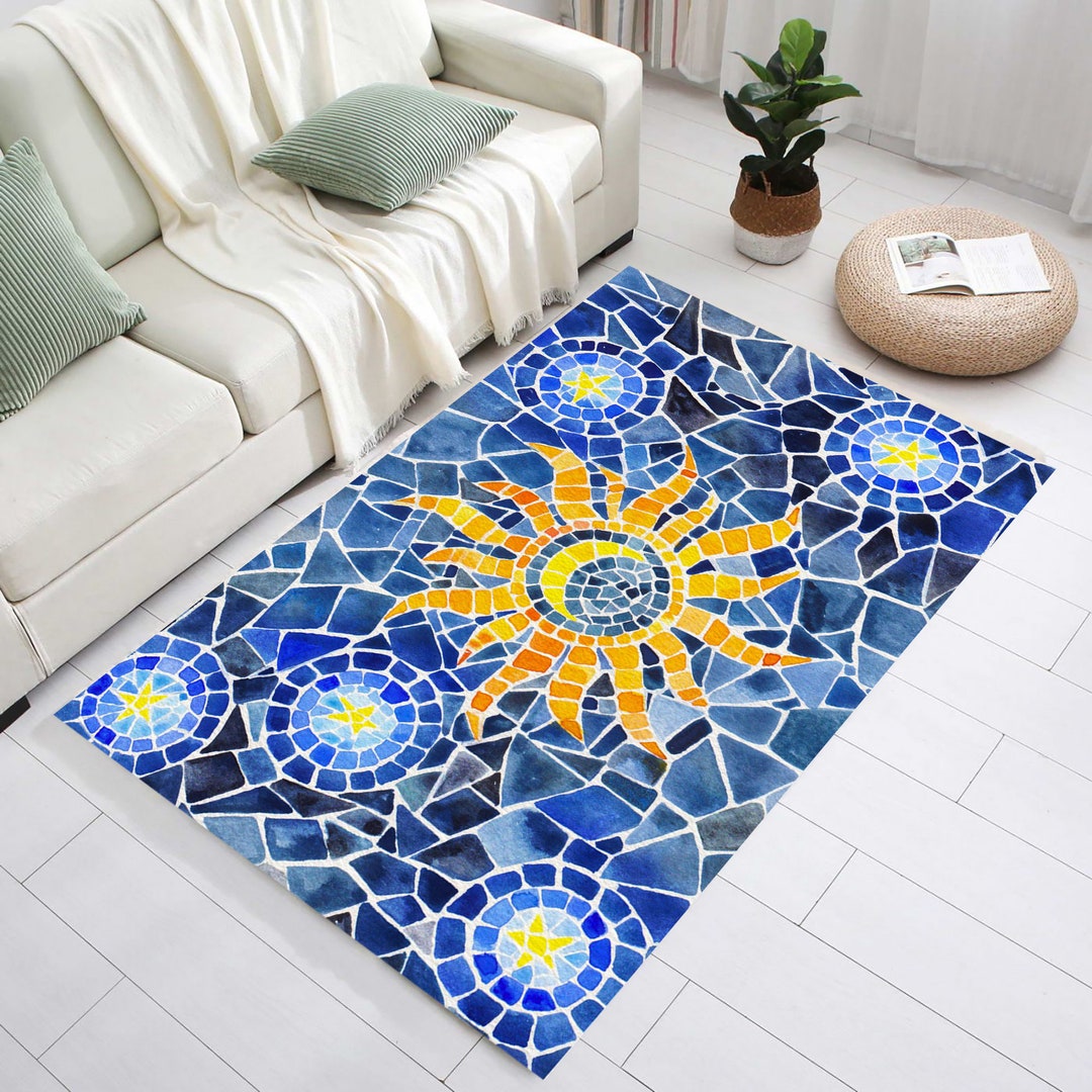 Tile Art Rug,mosaic Pattern Rug,sun Pattern Rug,moon Pattern Rug,blue ...