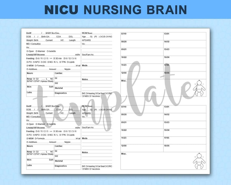 NICU Nursing Brain Template, Neonatal Intensive Care Report Sheet, 4 ...