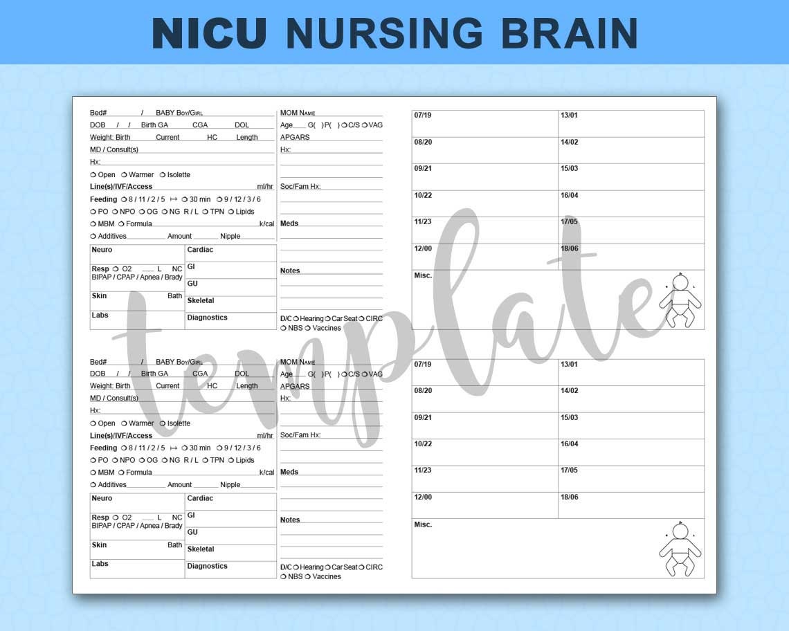 NICU Nursing Brain Template Neonatal Intensive Care Report Sheet 4