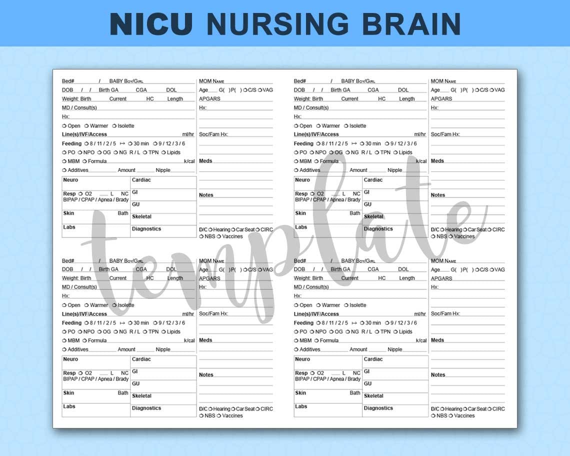 NICU Nursing Brain Template, Neonatal Intensive Care Report Sheet, 4 ...