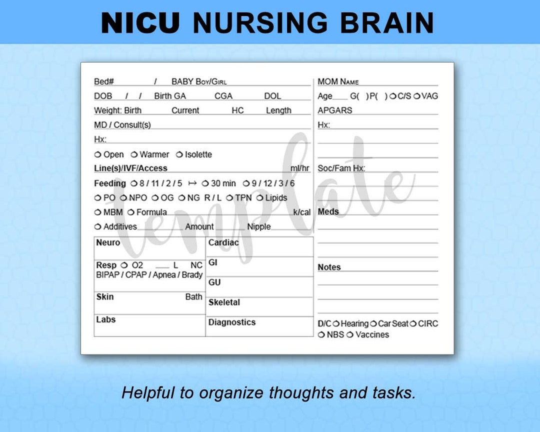 NICU Nursing Brain Template, Neonatal Intensive Care Report Sheet, 4 ...