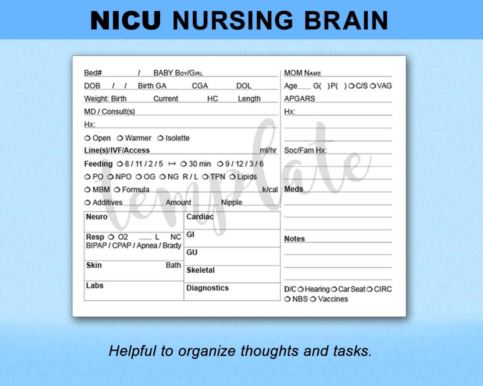 NICU Nursing Brain Template, Neonatal Intensive Care Report Sheet, 4 ...