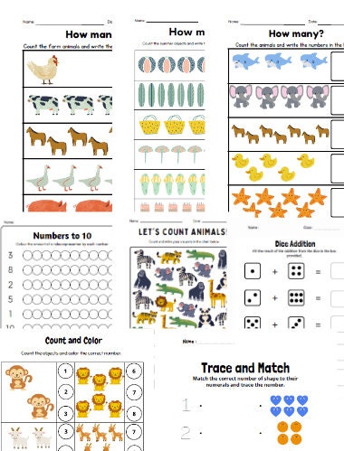 Fun and Educational Children's Printable Worksheets - Number Matching, Counting, Dice Addition ...