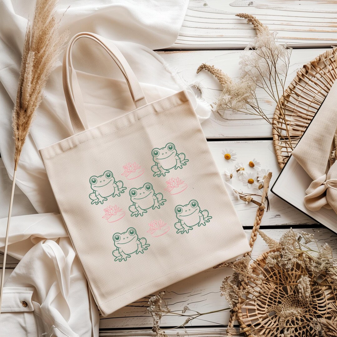 Cottage Core Frog Lily Pad Cotton Canvas Tote Bag, Reusable Eco ...