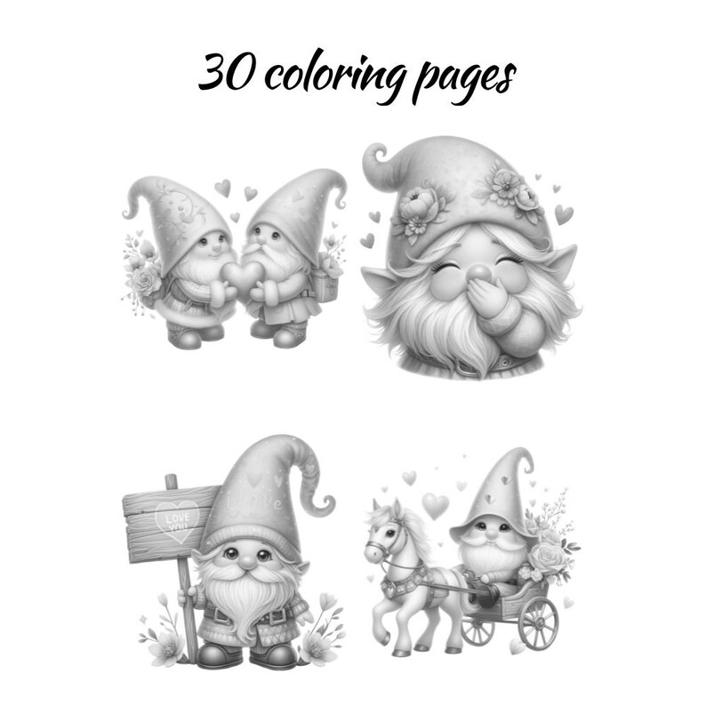 Valentine's Day Gnomes Coloring Pages: Love Elf Grayscale Illustrations ...