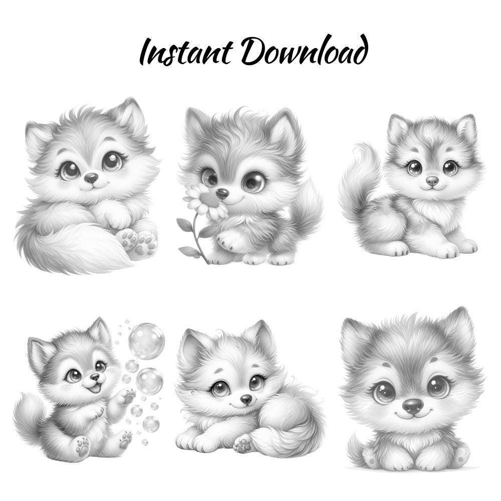 26 Cute Grey Wolf Coloring Book, Baby Wolf, Woodland Animal, Grayscale ...