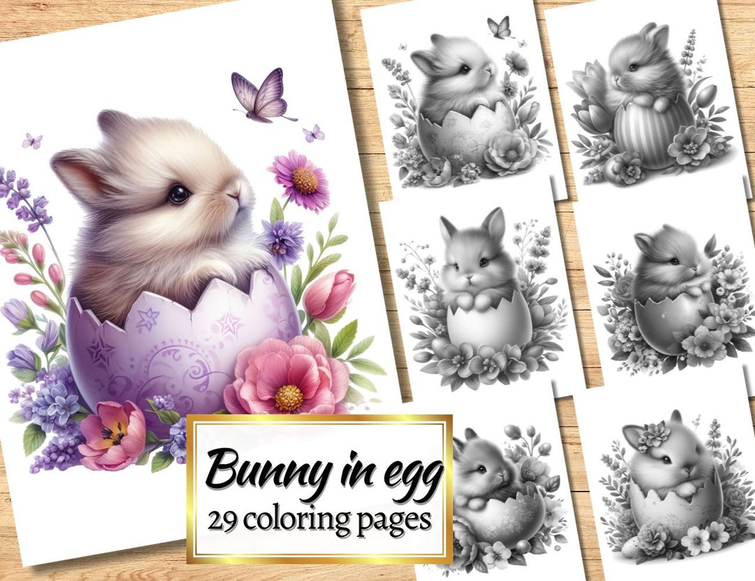 Printable Easter Grayscale Coloring Page Bundle, 29 Kawaii Bunny ...