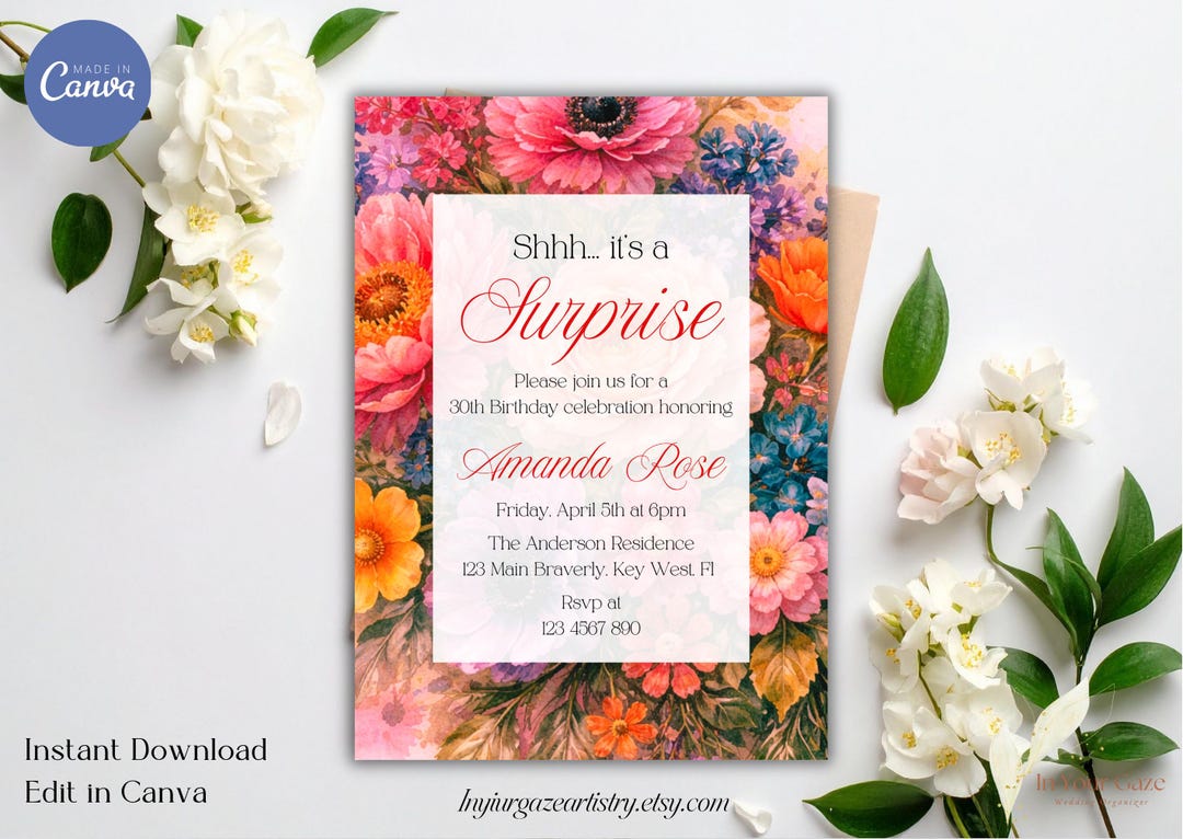 Surprise Birthday Invitation Template Download, Editable Floral Invite ...