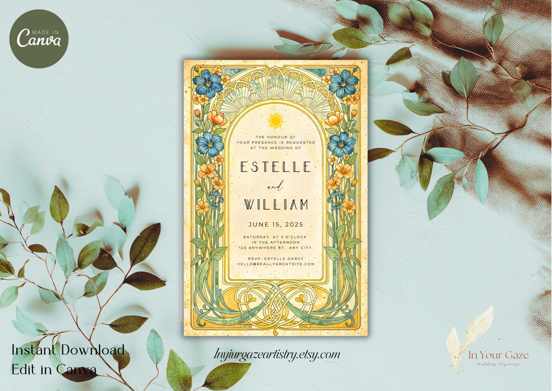 Art Nouveau Wedding Invitation Template: Mucha Water Lily Theme ...