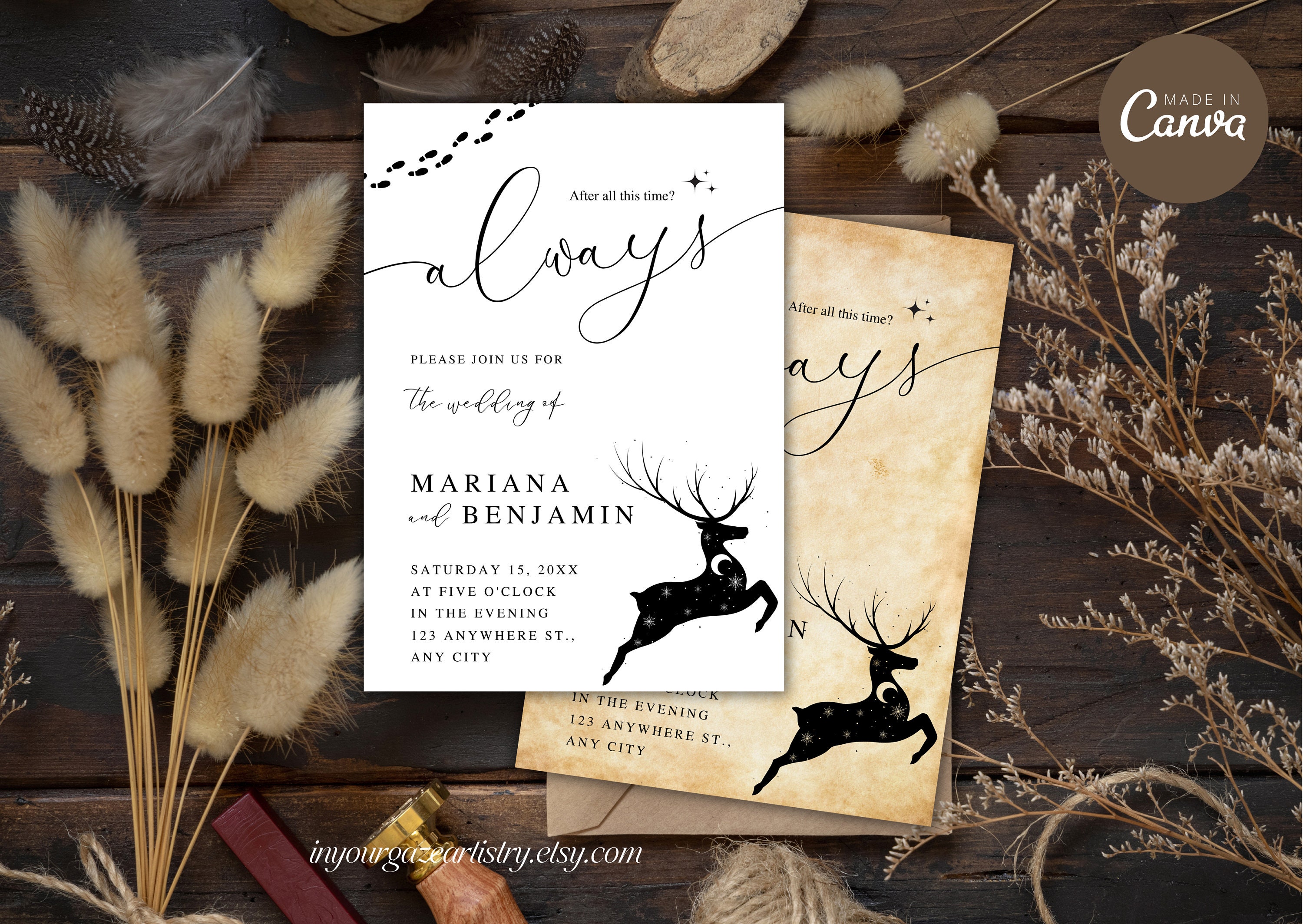 Minimalist Wizard Wedding Invitation, Magical Deer Invitation Template ...
