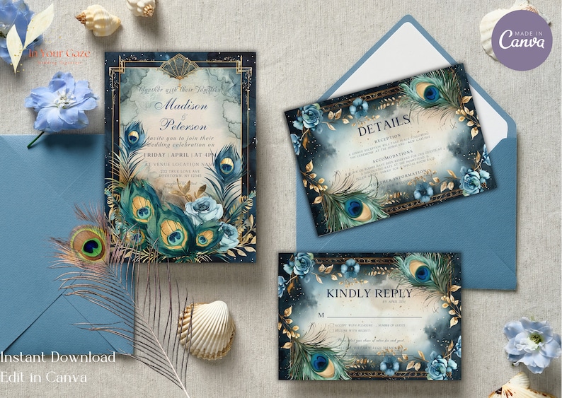Peacock Wedding Invitation Teal Blue With Feathers and Ethnic Style, Peacock Wedding Bundle ...