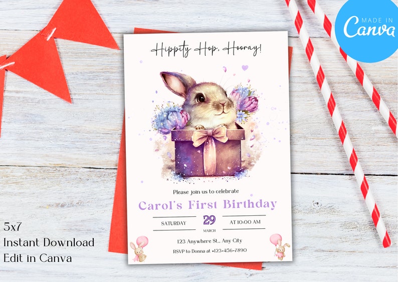 Editable Bunny Birthday Invitation Boy Blue Rustic Peter Rabbit First ...