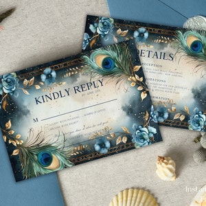 Peacock Wedding Invitation Teal Blue With Feathers and Ethnic Style ...