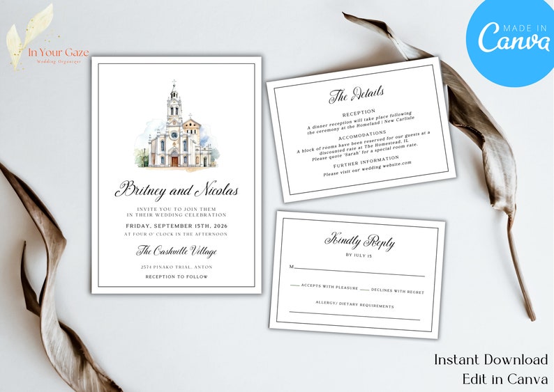 Chapel Wedding Invitation Set Template, Editable Christian Wedding ...