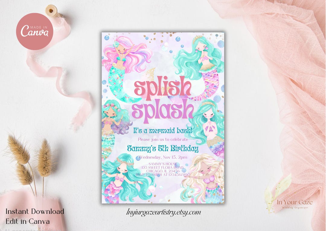 Mermaid Invitation Splish Splash Invitation Pool Party Invitation ...