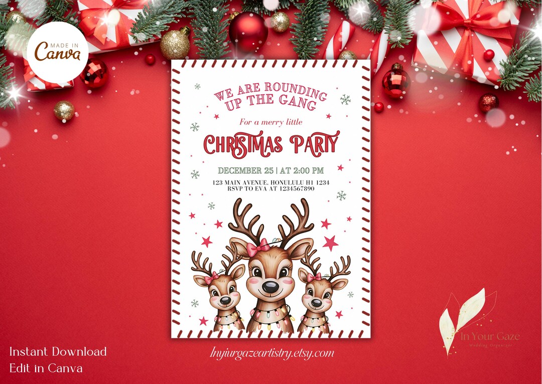 Reindeer Christmas Party Invitation, Editable Round up the Gang Invite ...