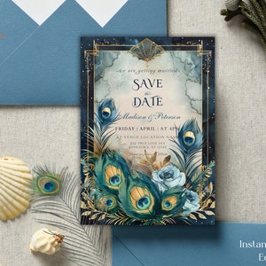 Peacock Wedding Invitation Teal Blue With Feathers and Ethnic Style ...