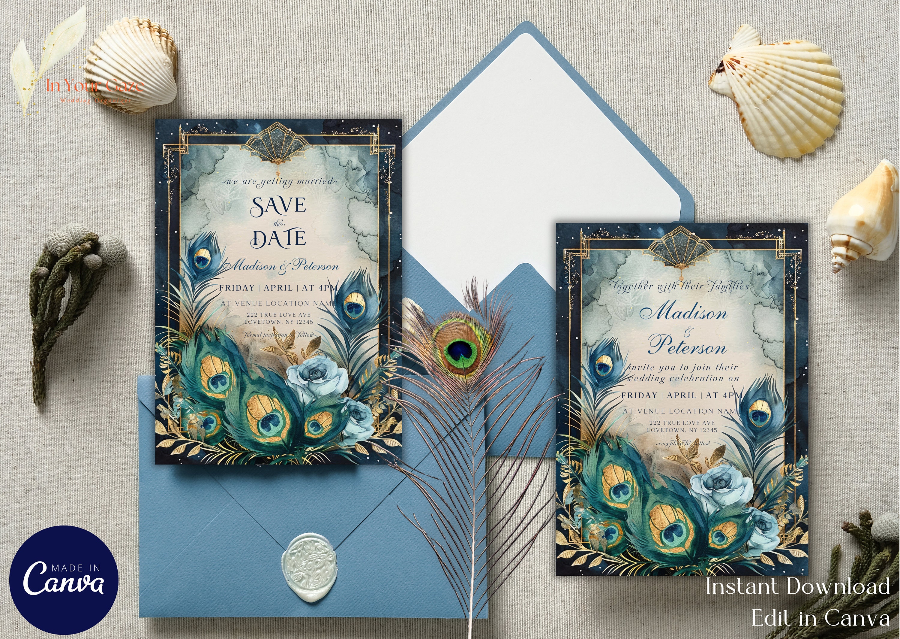 Peacock Wedding Invitation Teal Blue With Feathers and Ethnic Style ...
