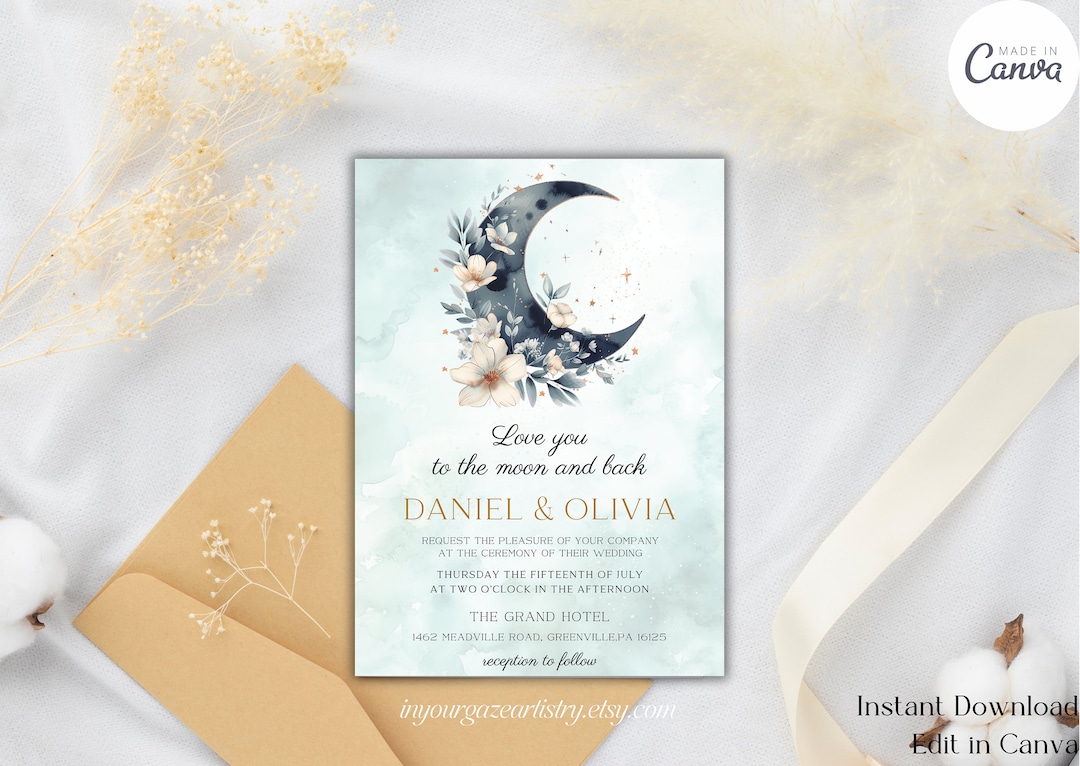 Floral Moon Wedding Invitation Template, Celestial Wedding Invitation ...