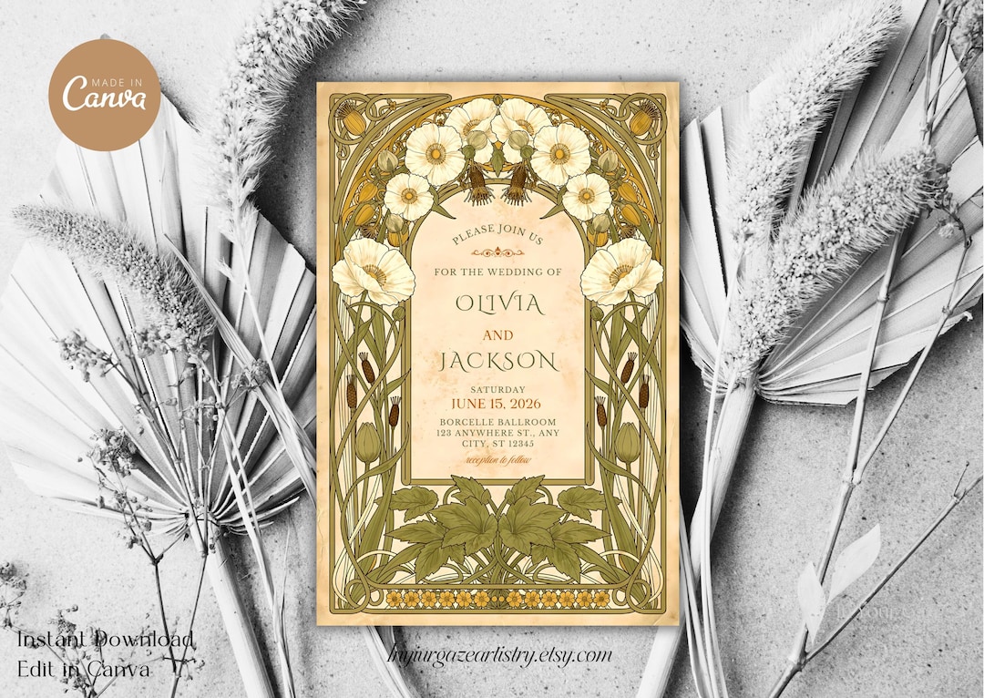 Art Nouveau Wedding Invitation Template: Mucha Water Lily Theme ...