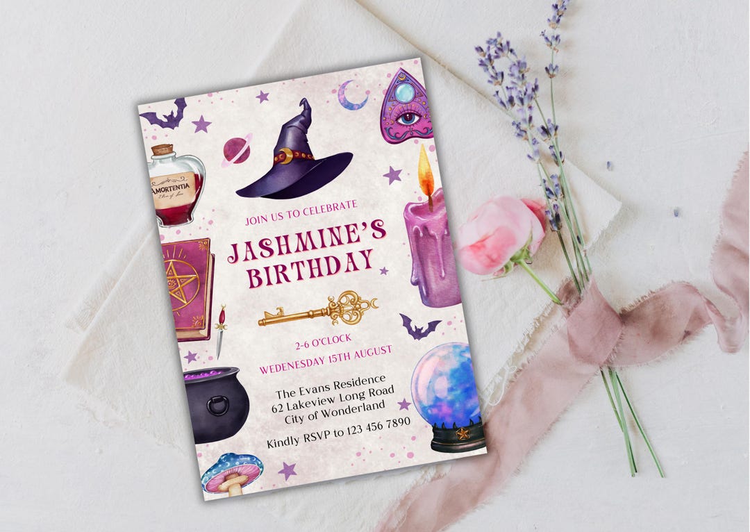Editable Beautiful Witch Birthday Invitation | Magic and Potion | Girl ...