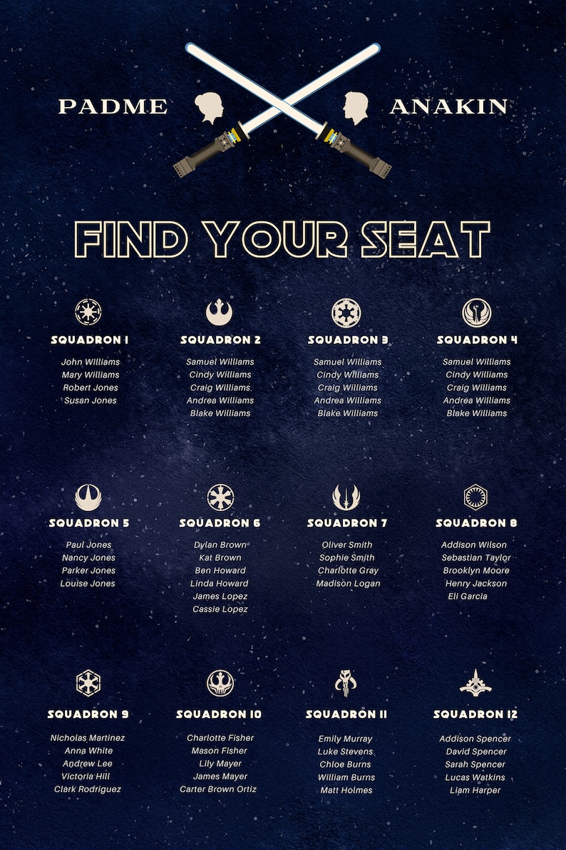 SCI Fi Wedding, Saber Inspired Seating Chart Template, Alphabetical ...