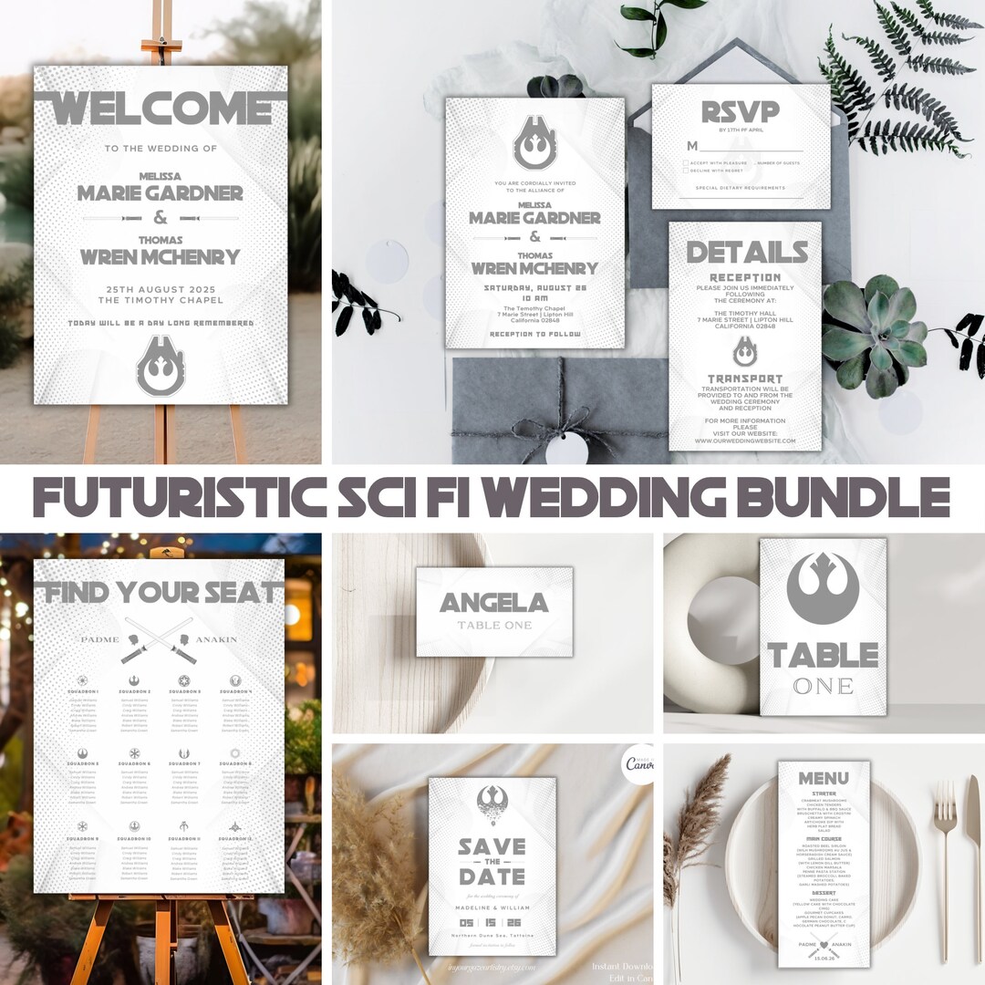 Futuristic Sci Fi Wedding Invitation Bundle, Silver Galactic War ...