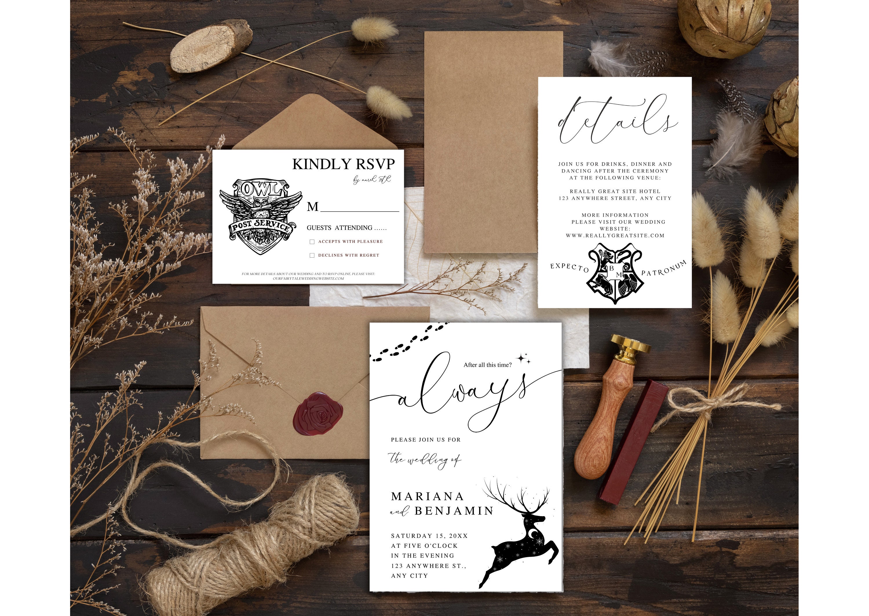 Minimalist Wizard Wedding Invitation, Magical Deer Invitation Template ...