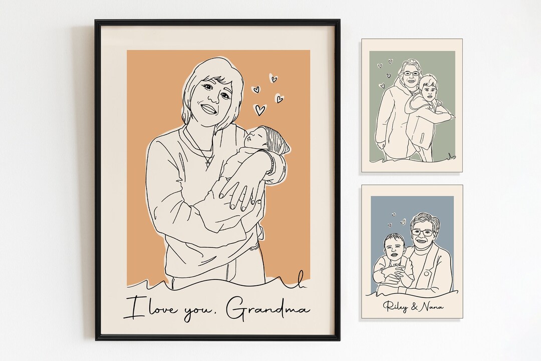 First Time Grandma Portrait From Photo, Custom Grandma Line Art ...