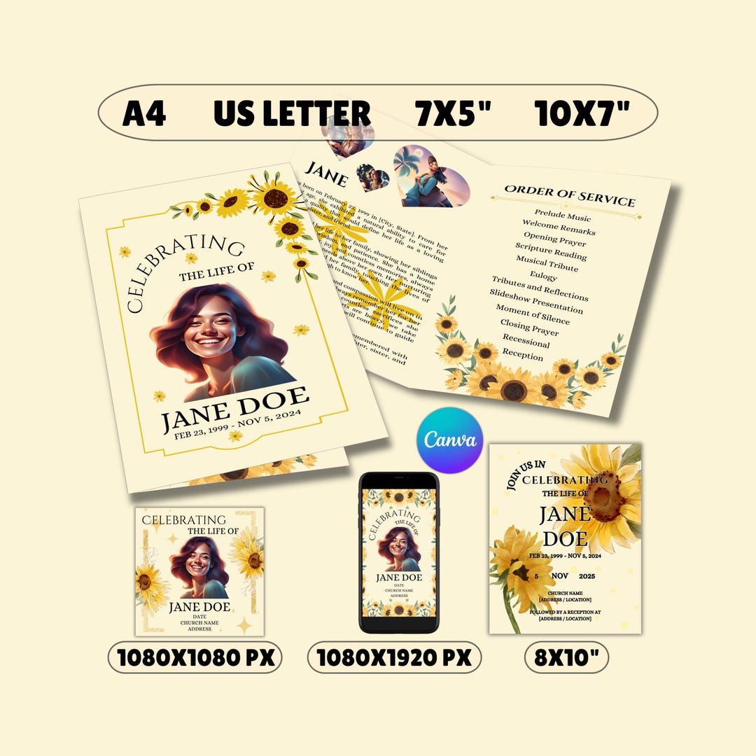Yellow Obituary Template for Woman, Simple Flower Funeral Program ...