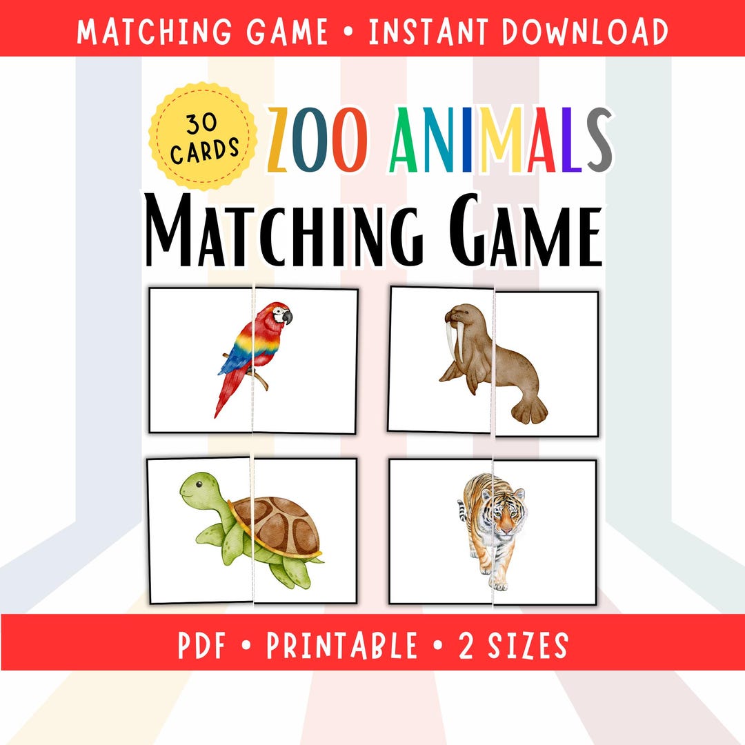 Zoo Animals Matching Game Montessori Educational Preschool Learning for ...