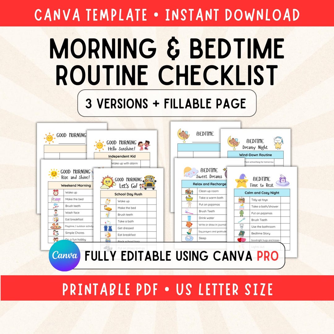 Editable Morning and Bedtime Routine Checklist for Kids, Printable ...