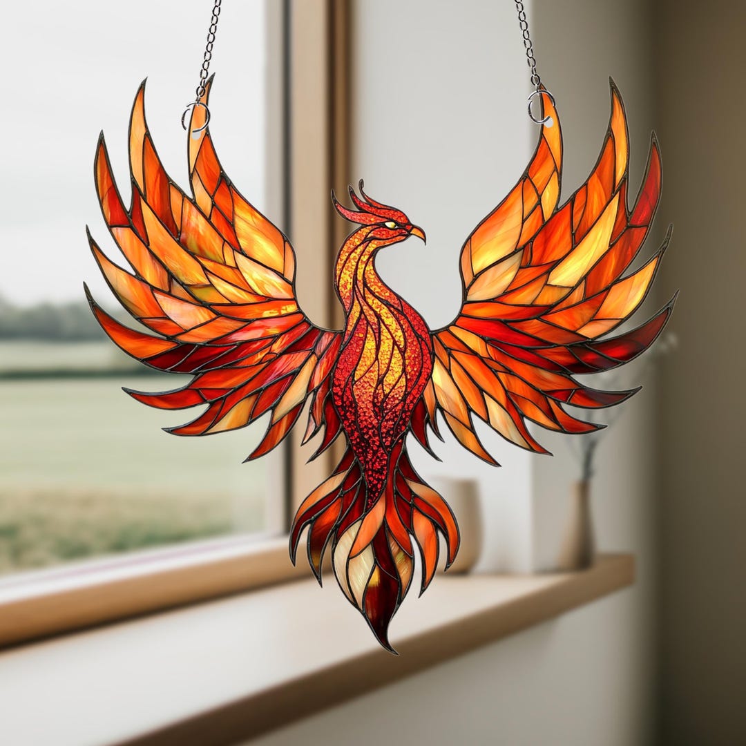 Phoenix Stained Glass Effect Art Acrylic Suncatcher, Firebird Window ...