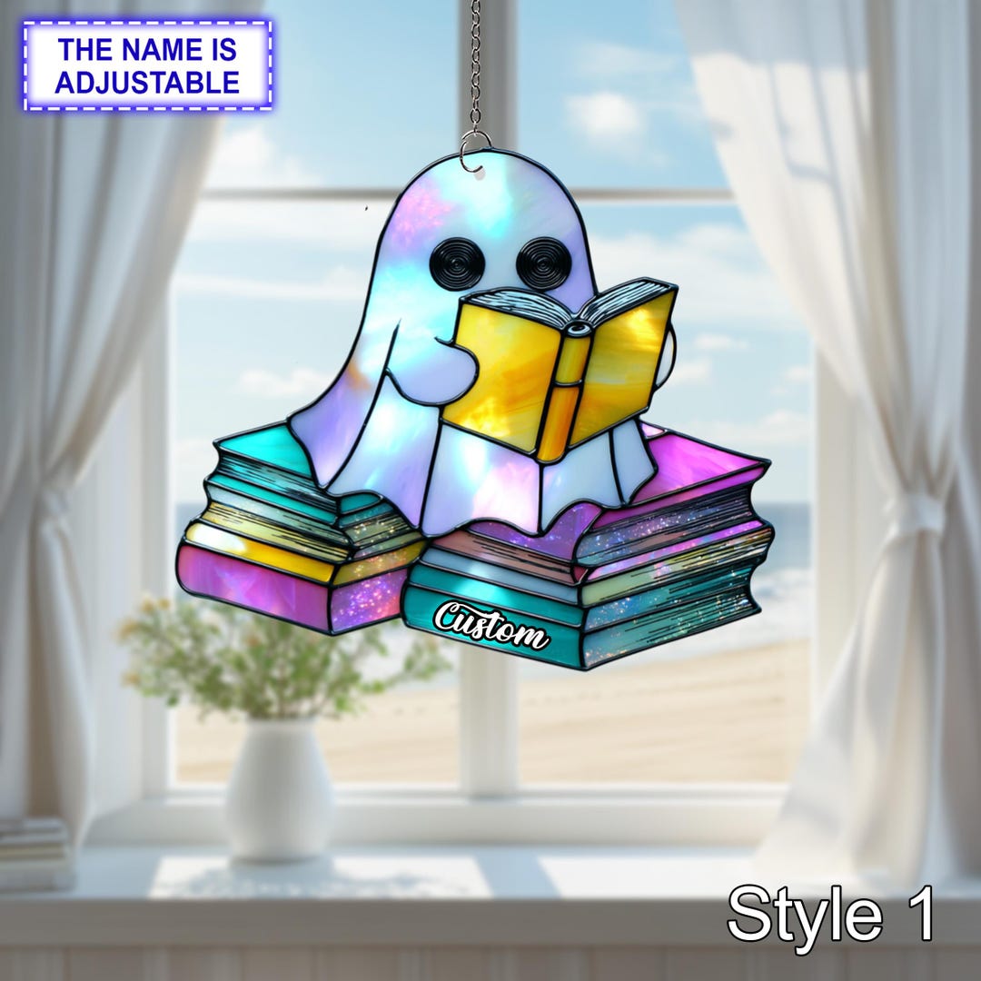 Cute Ghost Reading Book Suncatcher | Halloween Book Lover Decor ...