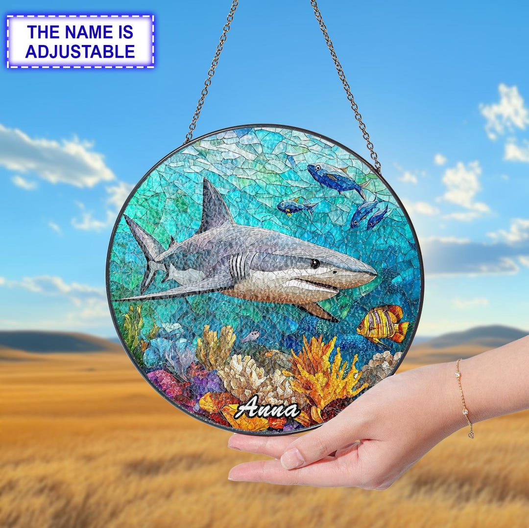 Shark Painted Stained Glass Suncatcher, Window Hanging Decor, Outdoor ...