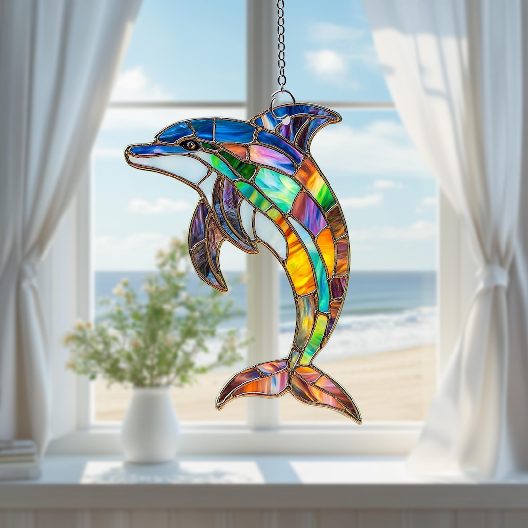 Dolphin Stained Glass Effect Art Acrylic Suncatcher, Dolphin Ornament ...