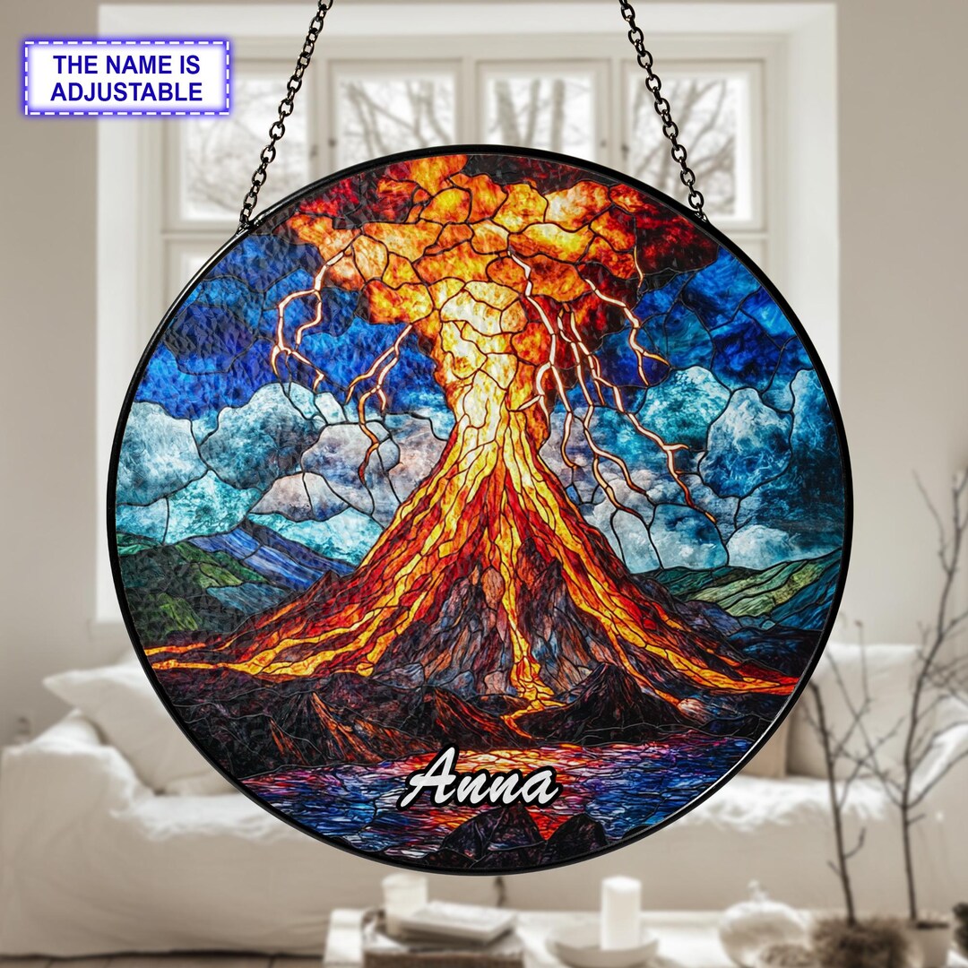 Volcano Stained Glass Suncatcher, Handmade Window Hanging Decor, Lava ...