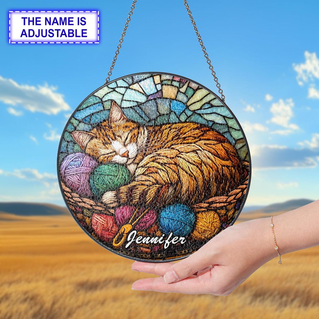 Cat and Wool Roll Stained Glass Sun Catcher Crochet Light Catcher ...
