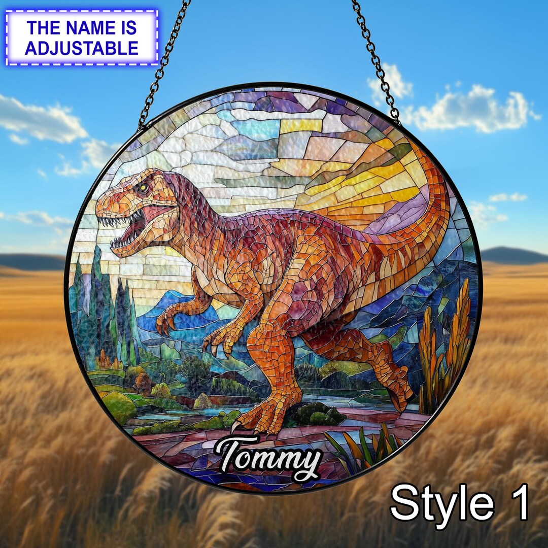 Custom Name T-rex Stained Glass Suncatcher – Personalized Dinosaur ...