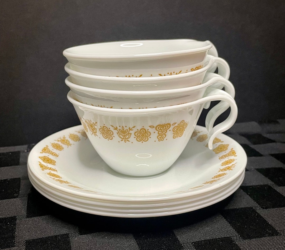 Vintage Corelle Butterfly Gold S Hook Tea Cups With Saucers, Set of 4 ...